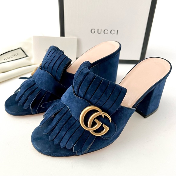 Gucci Shoes Gucci Marmont Double G Suede Kiltie Fringe Peep Toe